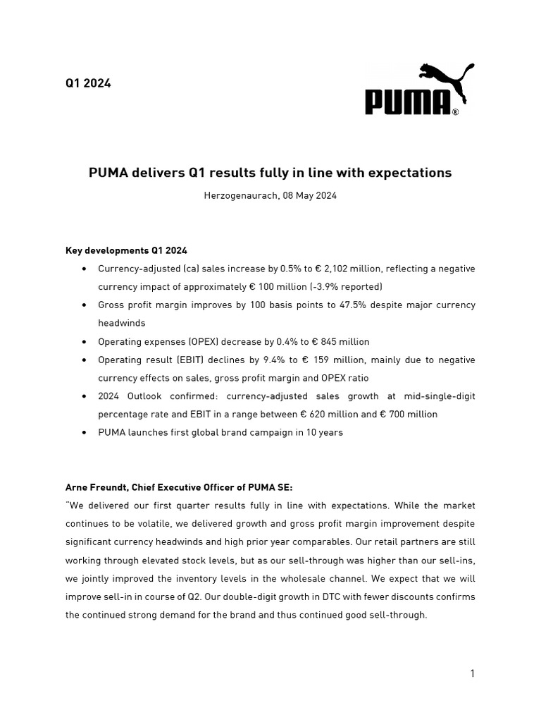 Puma q1 2024 Release English Final | PDF | Equity (Finance) | Earnings ...