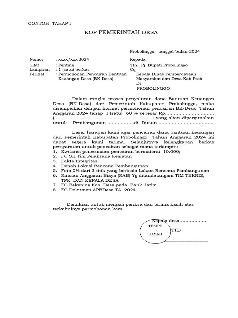 Permohonan Pencairan BK-Desa Probolinggo 2024 | PDF