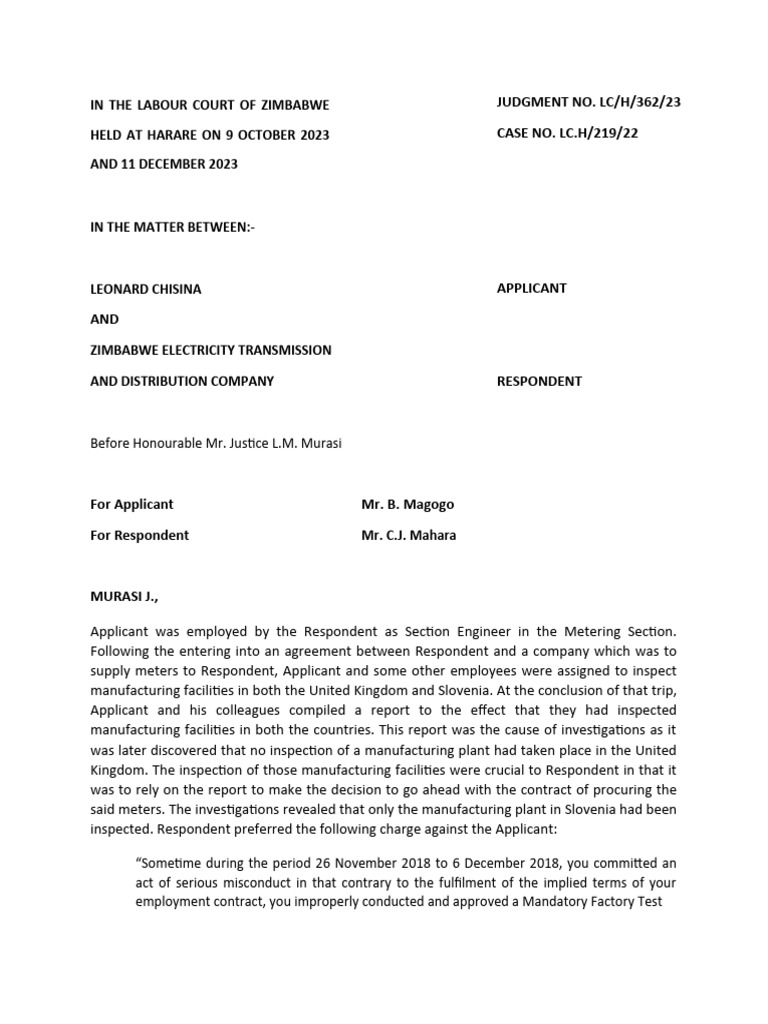 Zimbabwe Labour Court Appeal Case Summary | PDF | Appeal | Judgment (Law)