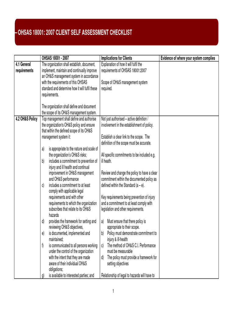 OHSAS 18001 2007 Client Self Assessment | PDF | Audit | Risk
