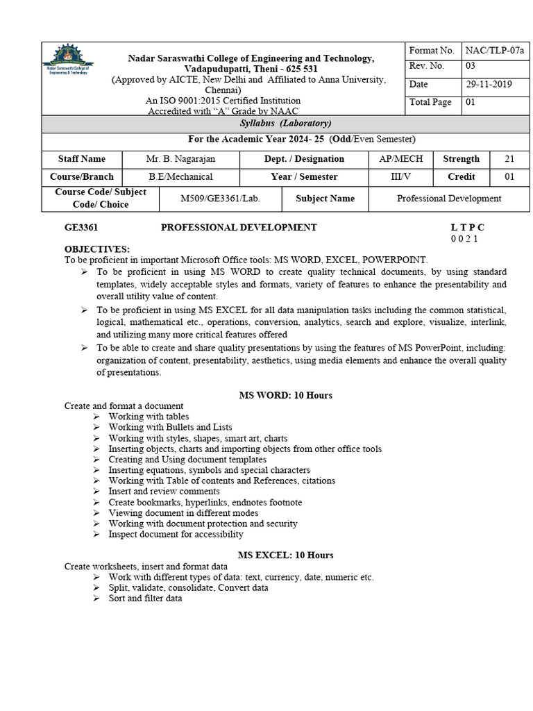 syllabus | PDF | Microsoft Excel | Microsoft Word
