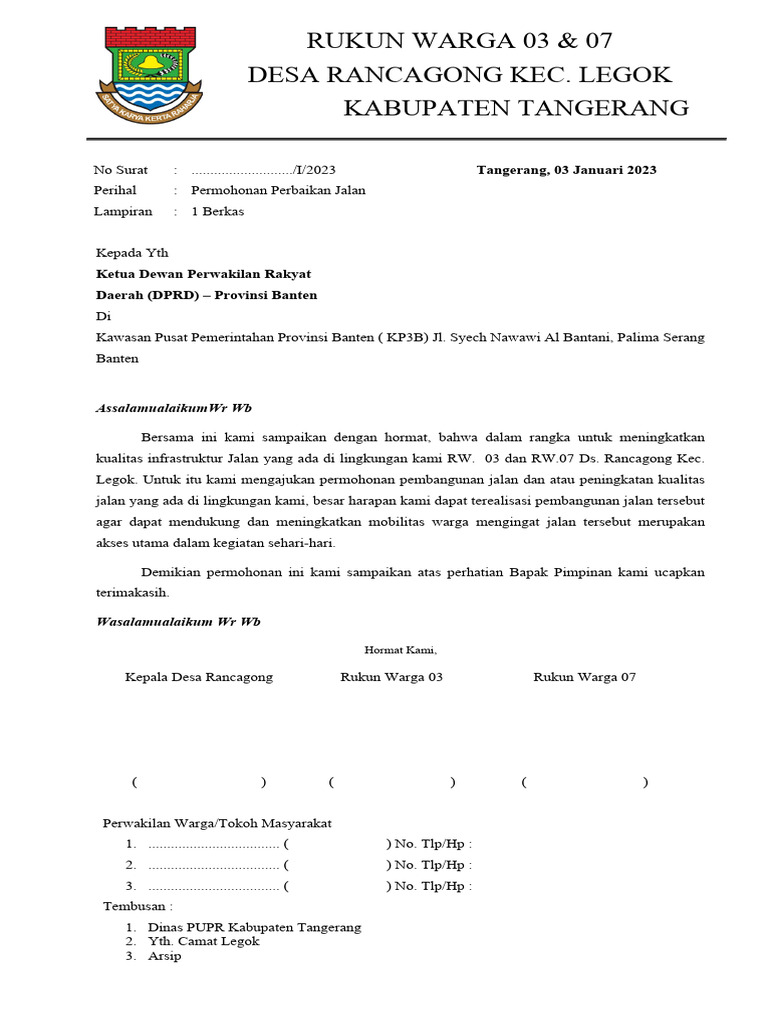 Format Contoh Usulan Perbaikan Jalan - Untuk Tahun 2023 DS. Rancagong | PDF