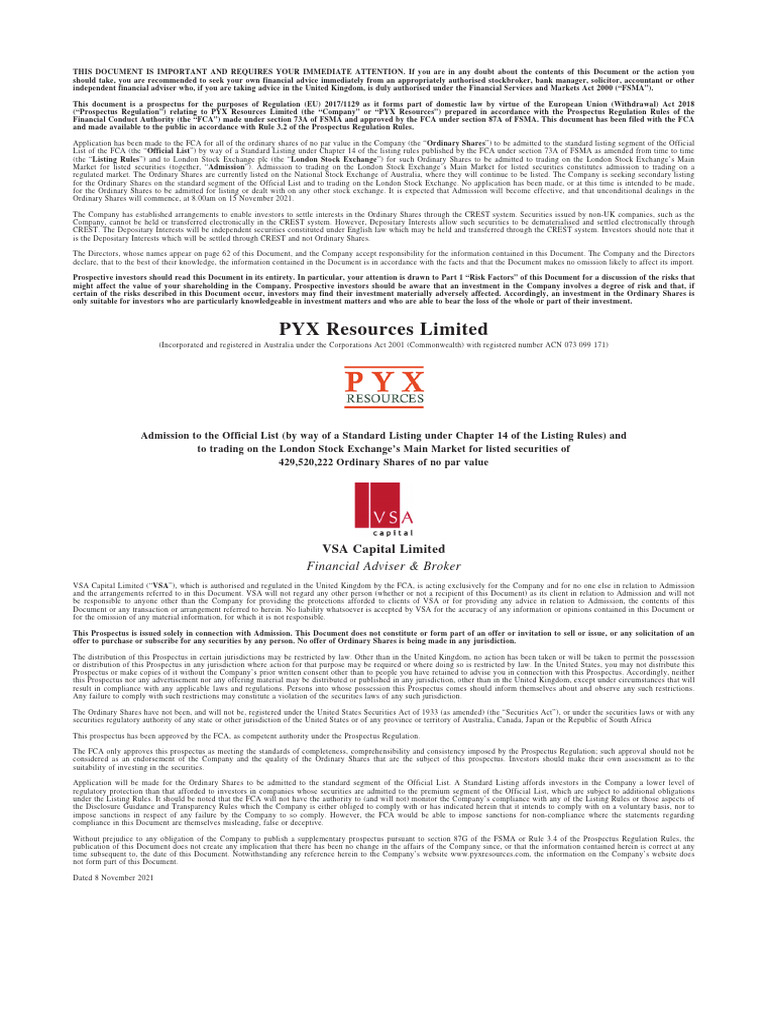 Prospectus PYX Resources Limited Final | PDF | Stocks | Securities ...