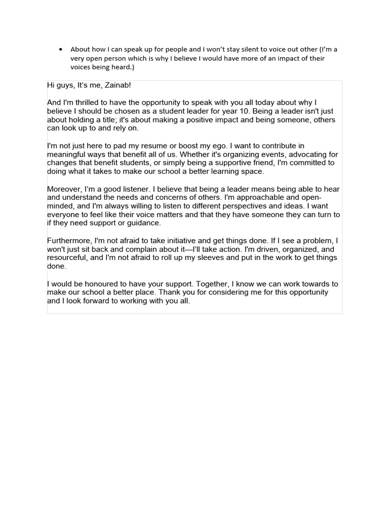 Zainab's Year 10 Leadership Speech | PDF