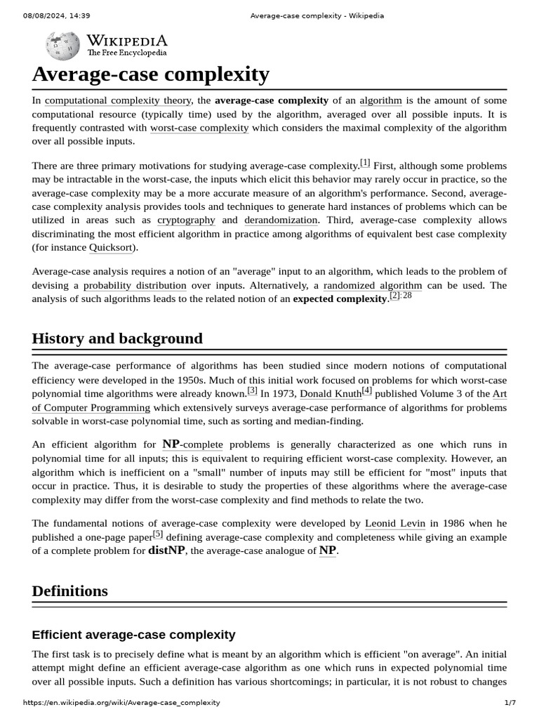 Average-Case Complexity - Wikipedia | PDF | Computational Complexity Theory | Theoretical ...
