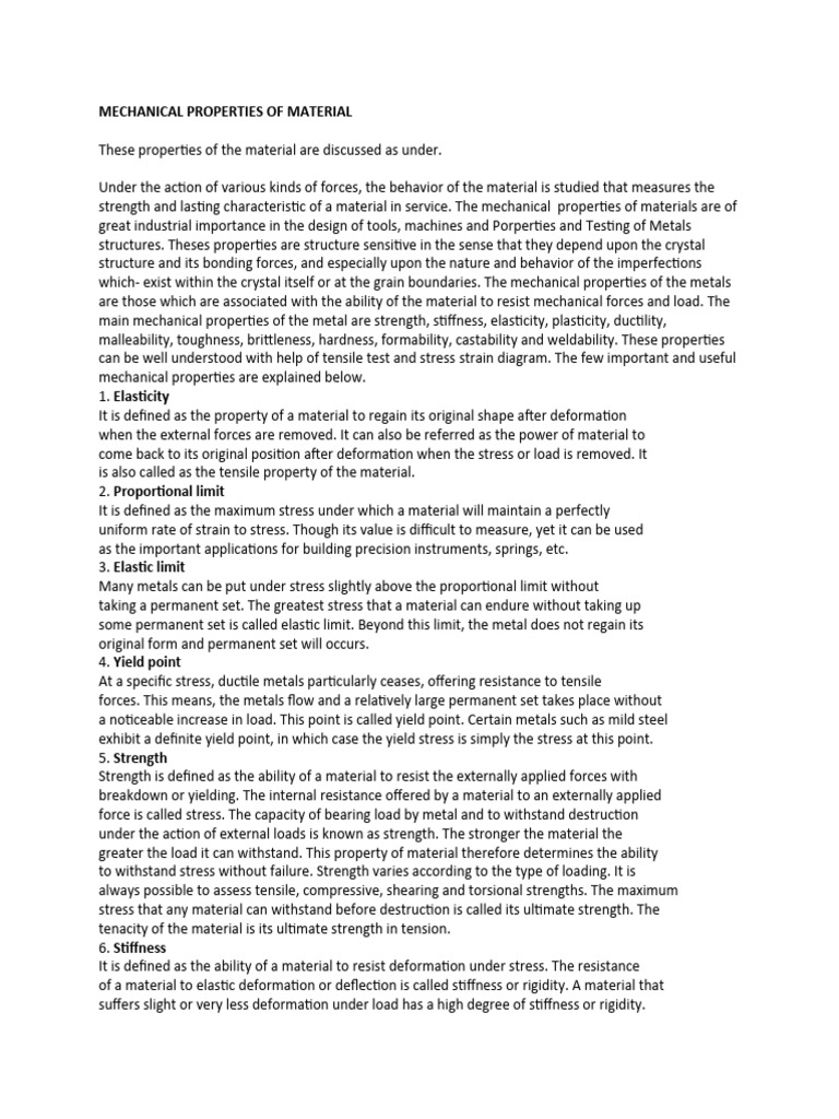 Mechanical Properties of Material | PDF | Ductility | Strength Of Materials