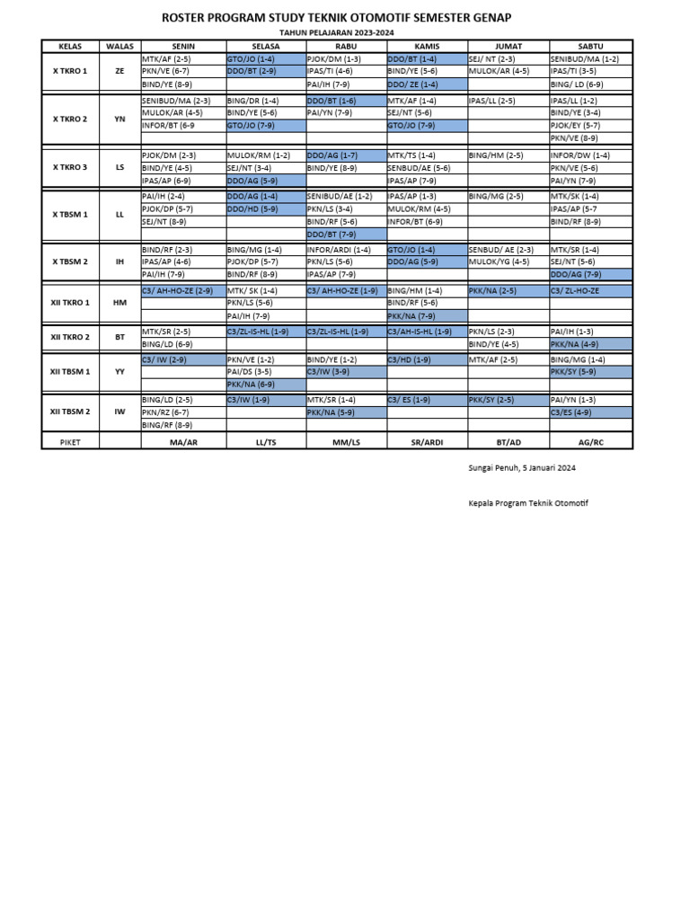 Roster Otomotif Sem Genap 2024 | PDF