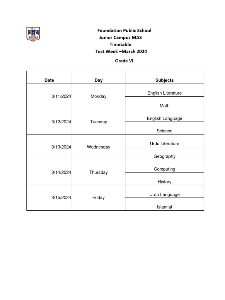 Timetable Grade VI | PDF
