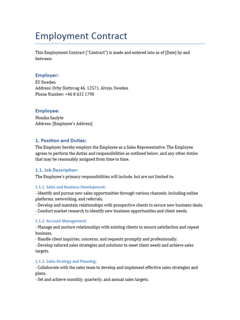 Employment Contract Monika Saulyte | PDF | Employment | Sales