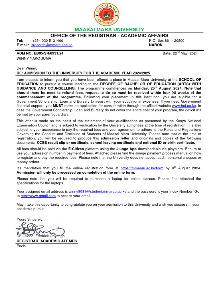 Maasai Mara University 37624019003 Admission Letter | PDF | Fee | Bed