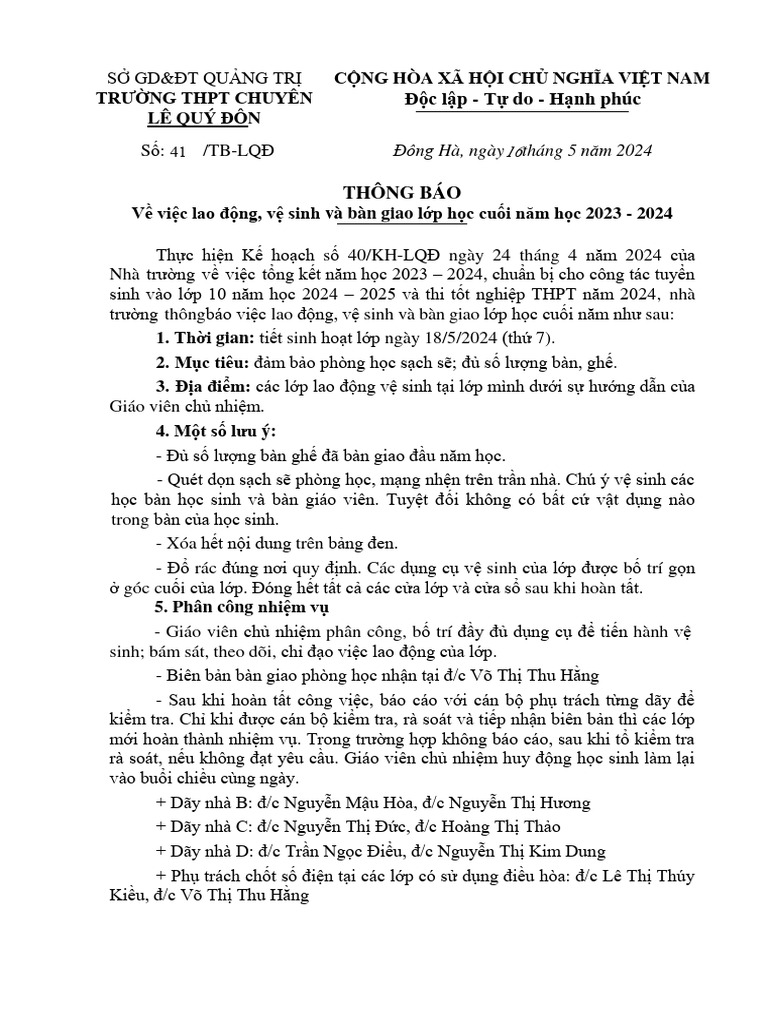41 2024.05.16 TB Lao Động, Vệ Sinh Lớp Học Cuối Năm Học 2023 - 2024 | PDF