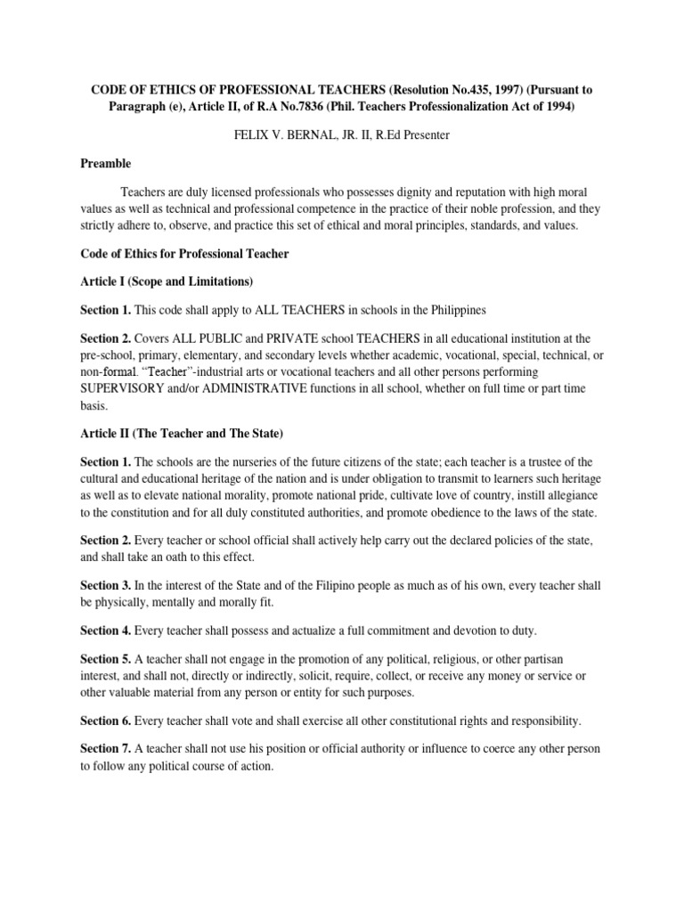 Code-of-Ethics-of-Professional-Teachers (Art. 1-6) | PDF | Teachers ...