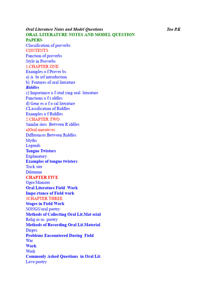 Oral Literature Notes and Examples | PDF