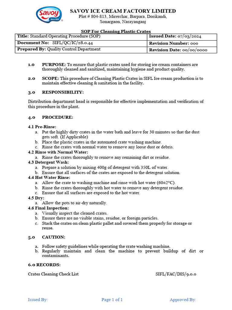 SOP For Cleaning Plastic Crates | PDF | Water | Washing Machine