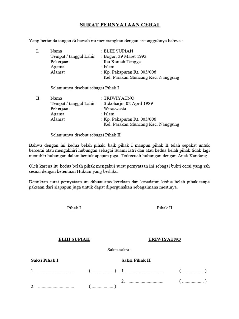 Surat - Pernyataan - Cerai Yatno | PDF