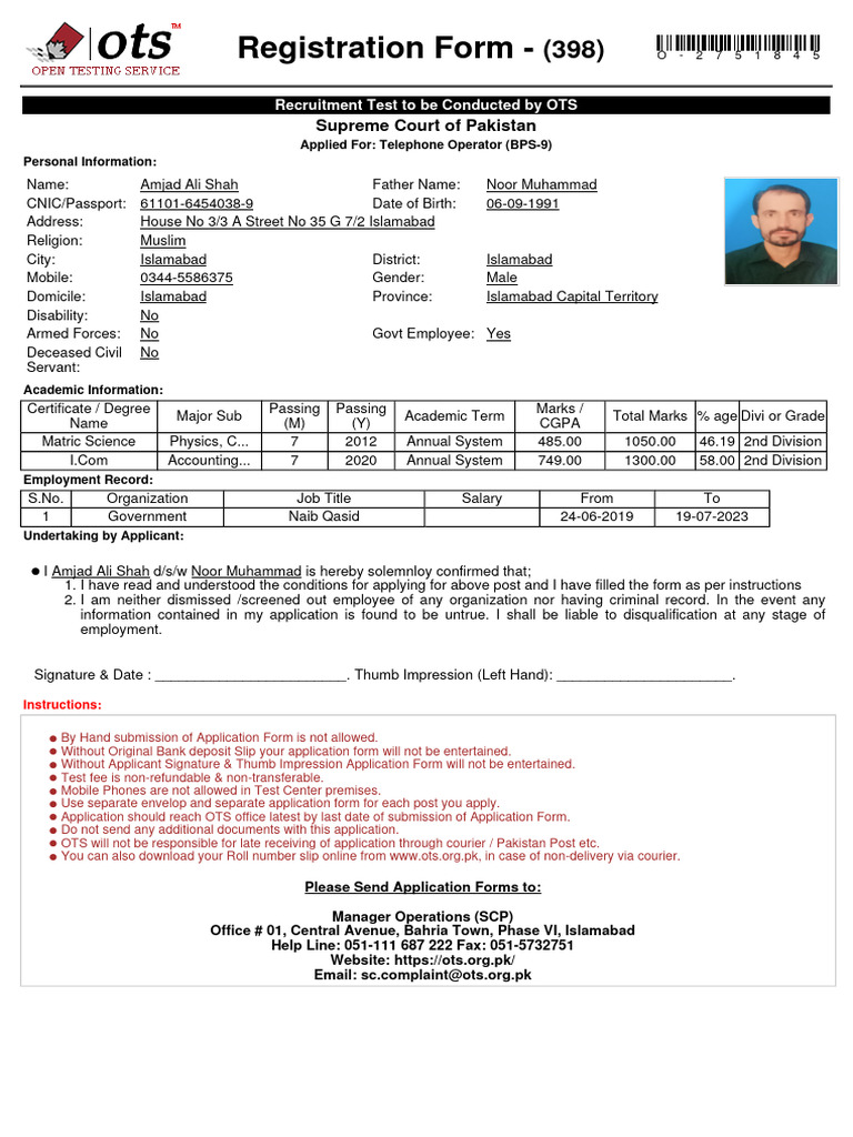 Telephone Operator Registration Form | PDF | Receipt
