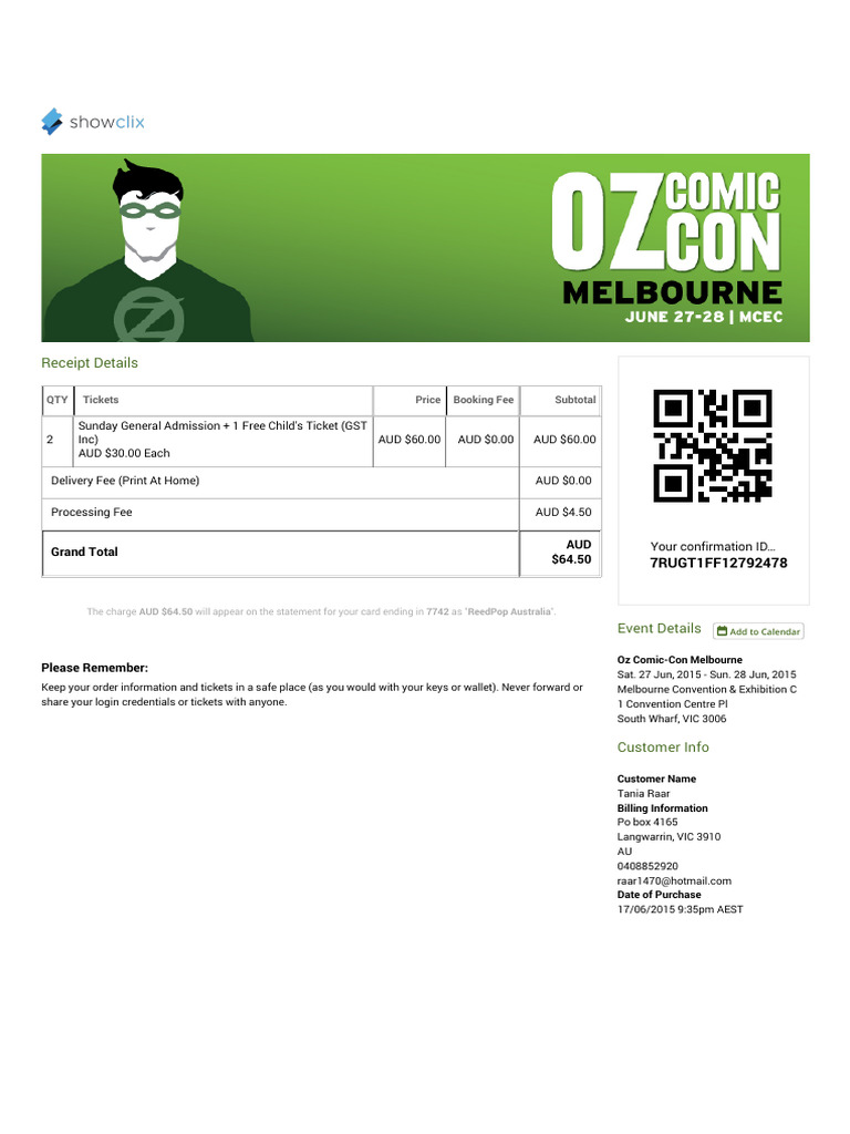 Oz Comic-Con Melbourne Ticket Confirmation | PDF | Payments