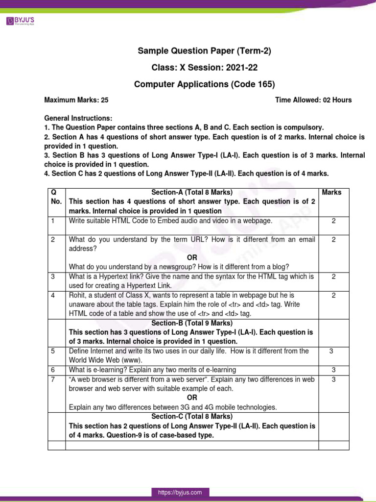 CBSE Class 10 Computer Application Sample Paper Term 2 For 2021 22 | PDF | World Wide Web ...