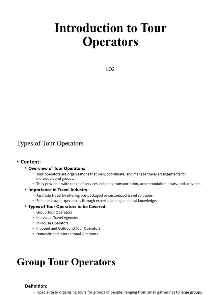 Introduction To Tour Operators LO2 | PDF | Tourism | Travel Agency