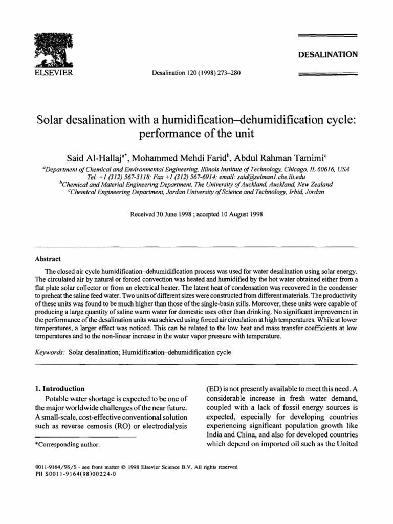 Solar Desalination With A Humidification - Dehumidification Cycle ...
