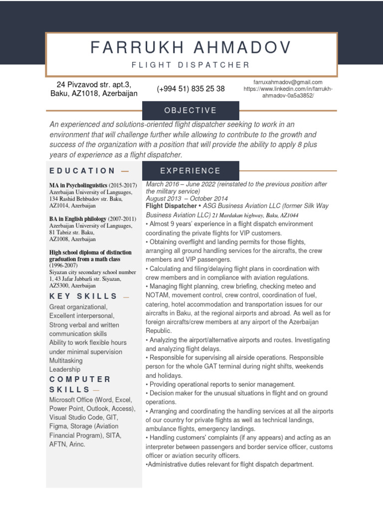 Experienced Flight Dispatcher Resume | PDF | Airport | Dispatcher