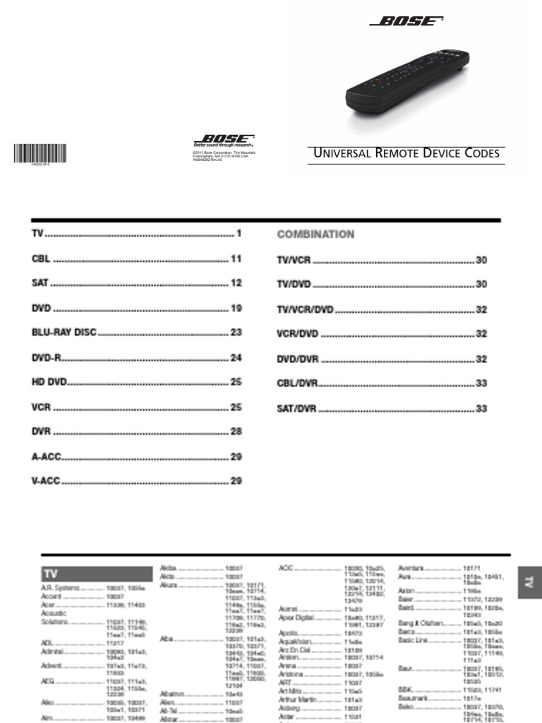 BOSE SOLO 5 Universal Remote Device Codes | PDF | Dvd | Information And ...