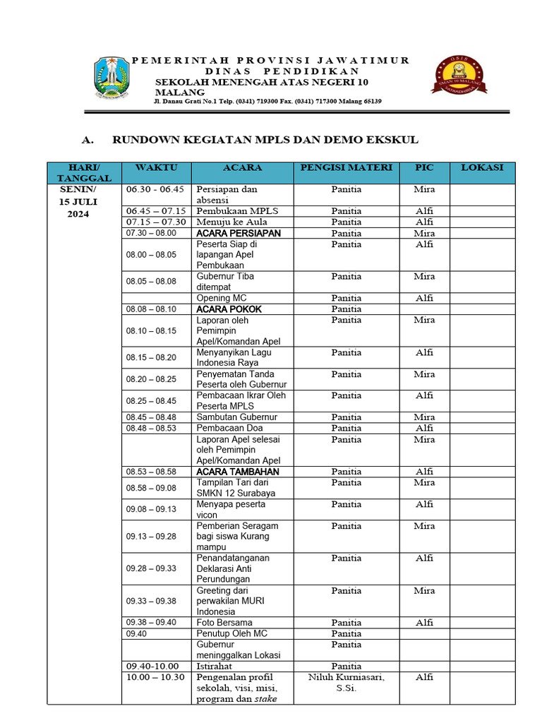 Rundown MPLS dan Demo Ekstrakurikuler 2024 | PDF