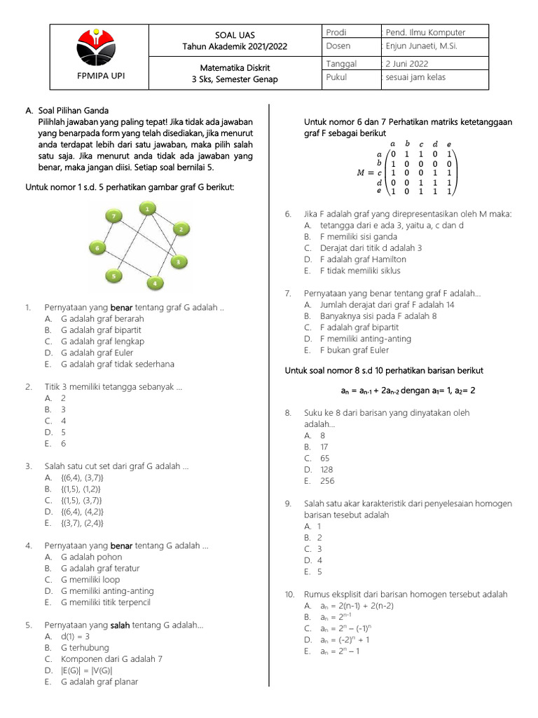 Soal UAS Matdis | PDF | Metode & Bahan Ajar