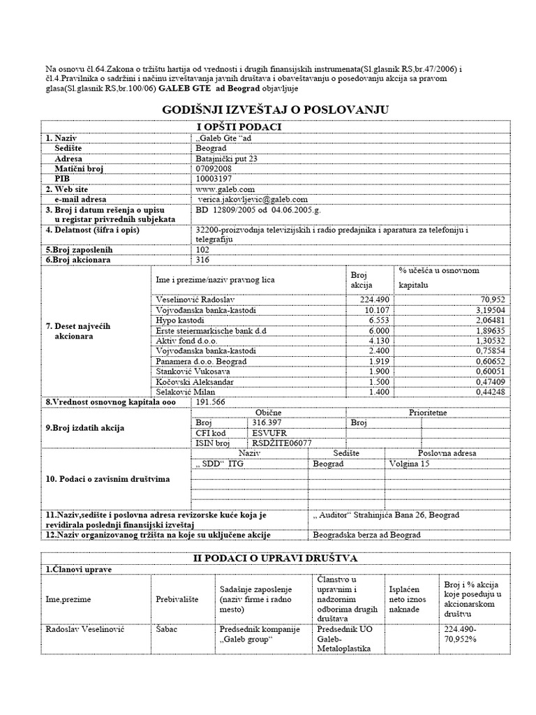 Godišnji Izveštaj O Poslovanju: I Opšti Podaci | PDF