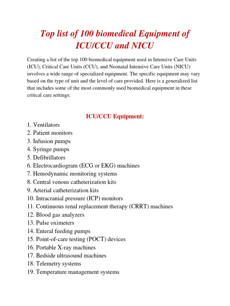 Top List of 100 Biomedical Equipment of ICU - CCU and NICU | PDF ...