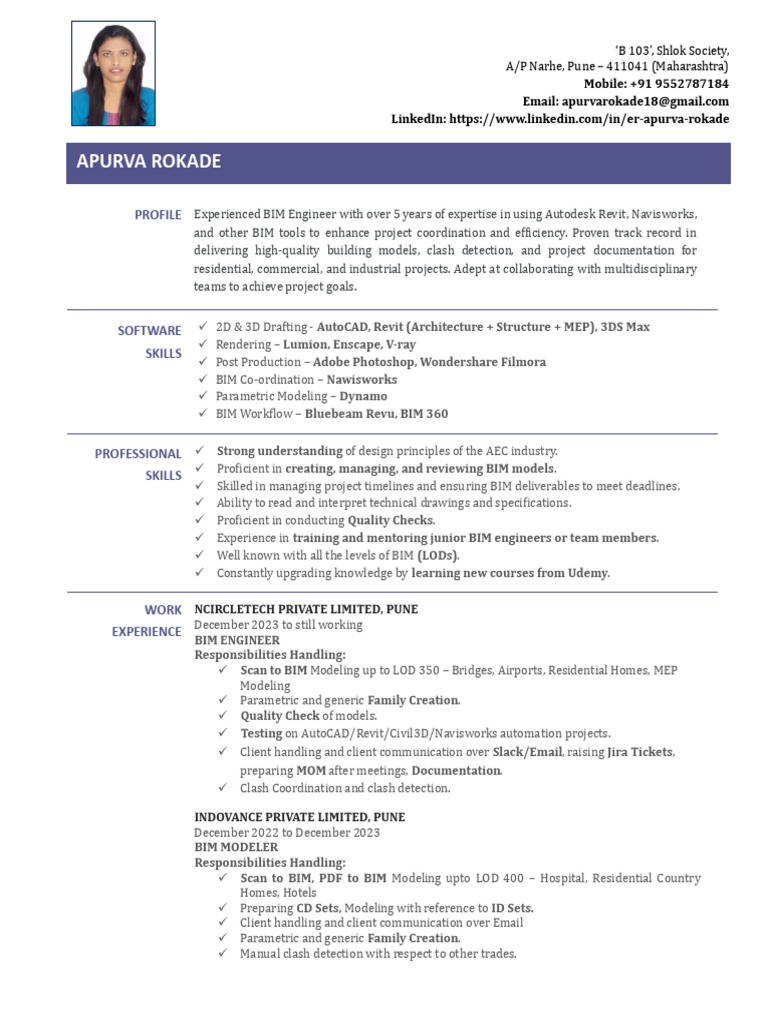 Resume Apurva Rokade BIM Engineer | PDF | Autodesk Revit | Building ...