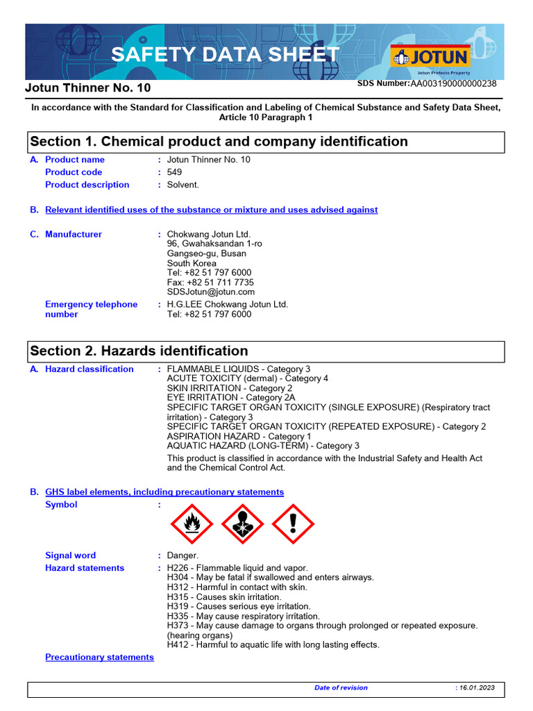 MSDS Jotun Thinner No. 10 - (English) - AA00319-0000000238 | PDF | Toxicity | Safety
