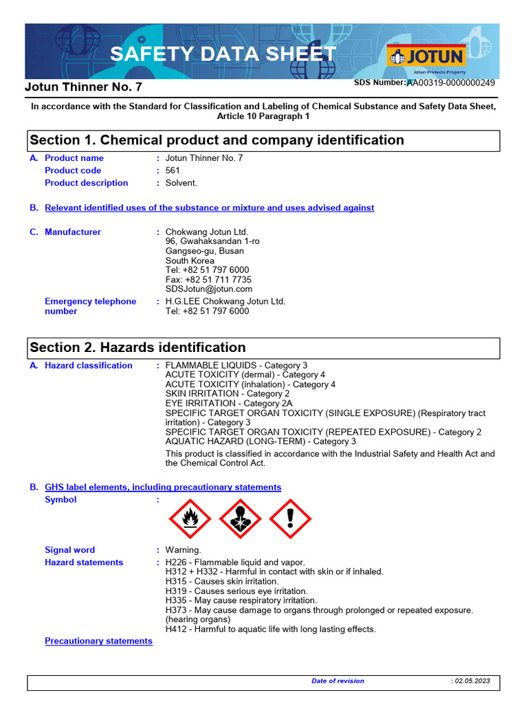 Jotun Thinner No. 7 Safety Data Sheet | PDF | Toxicity | Safety