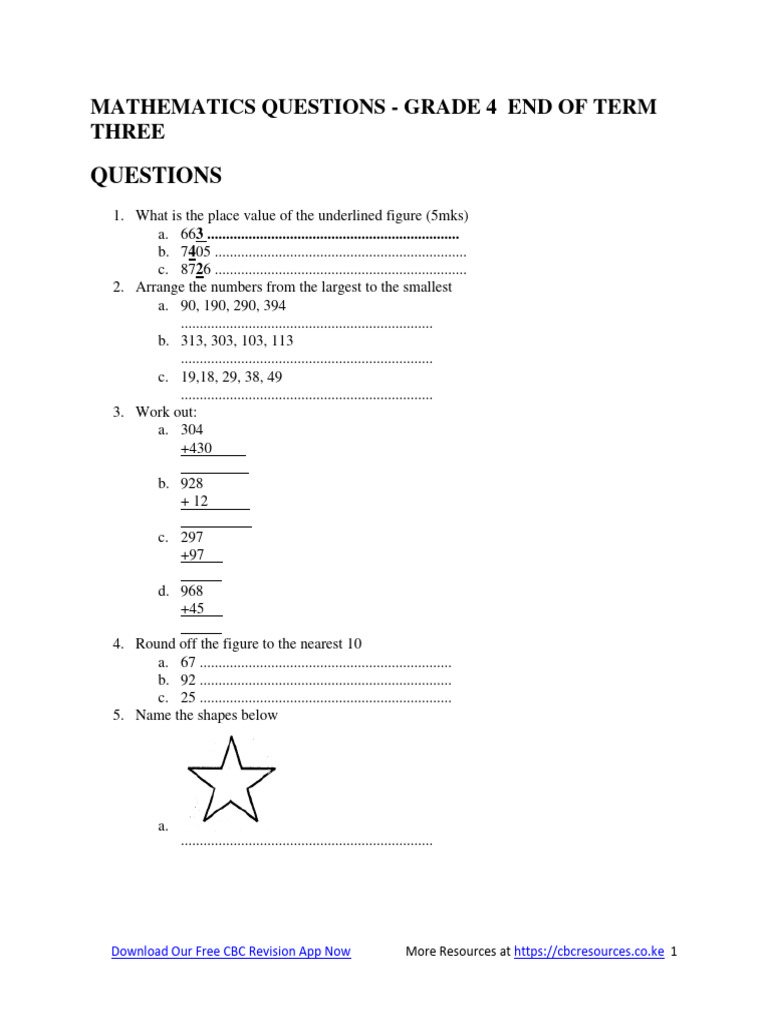 Grade 4 Term 3 Maths Exam Questions | PDF | Mathematics | Elementary ...