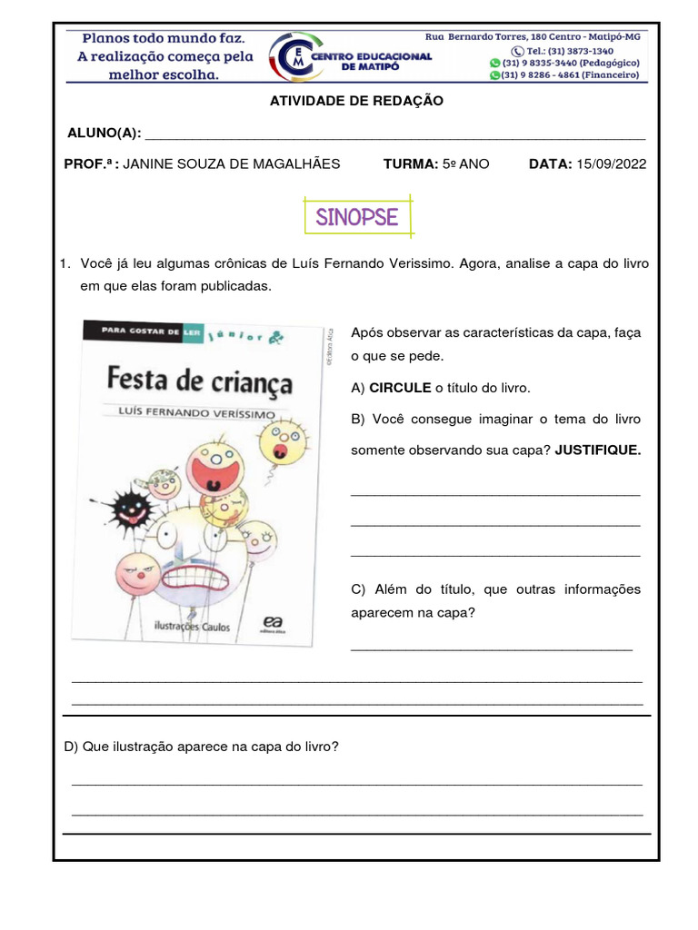 5 Ano - Ativ. de Redação - Sinopse | PDF