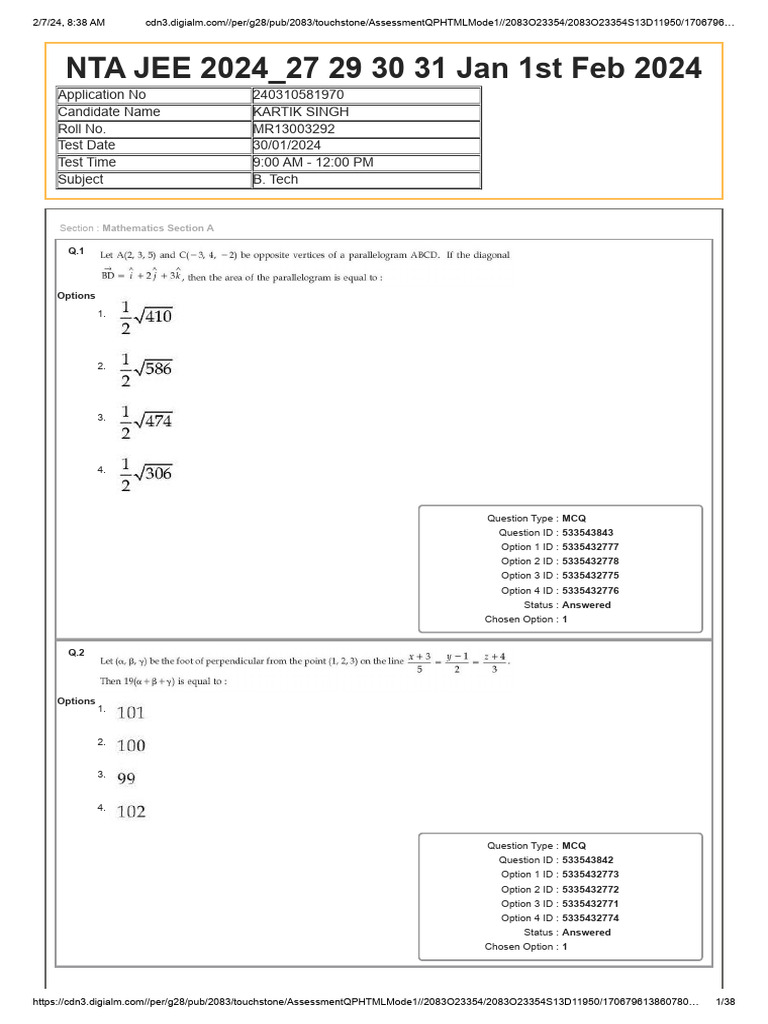 Jee Mains Session 1 Ans Sheet | PDF | Multiple Choice | Educational ...