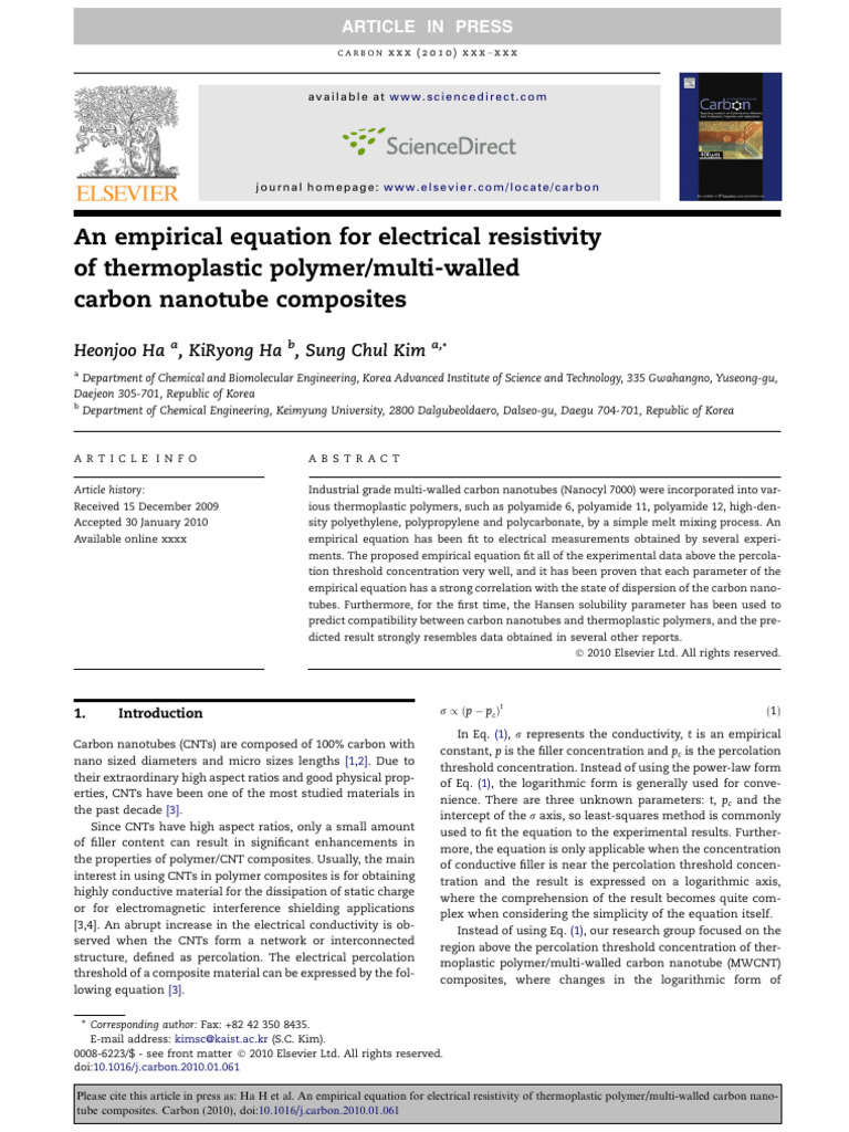 Carbon 10xxx CNT Resistivity Percolation Empirical Equation | PDF ...