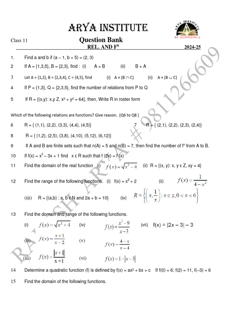 11th - Q, BANK - REL & FUNC # 2024-25 | PDF | Quadratic Equation | Mathematical Analysis