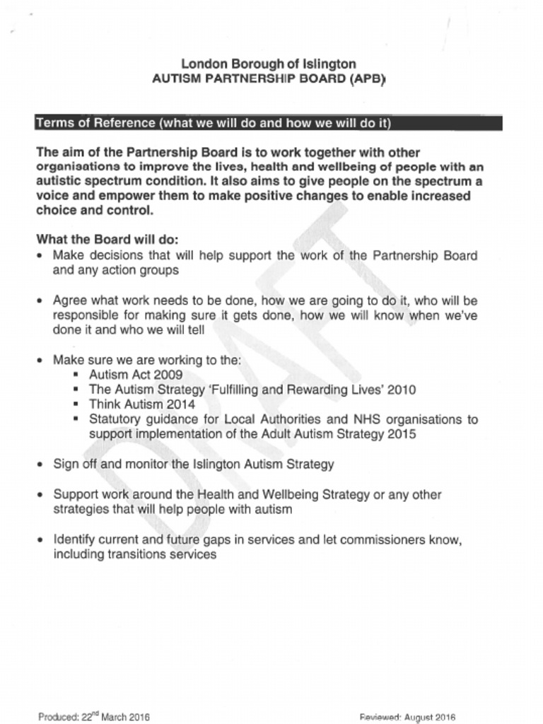 Islington Autism Board Objectives | PDF