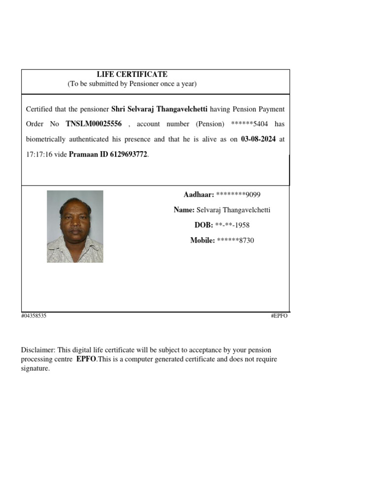 Annual Life Certificate for Pensioner | PDF