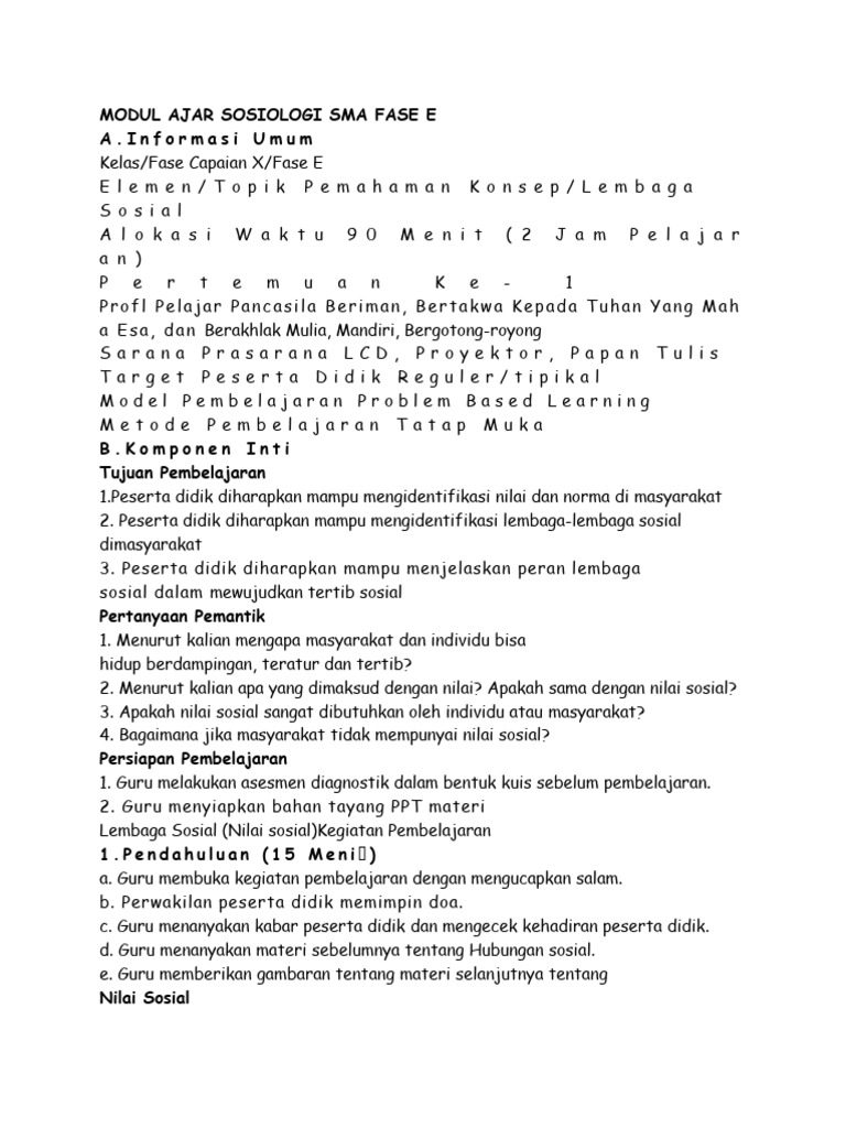 Modul Ajar Lembaga Sosial Sosiologi Sma Fase e | PDF | Karier & Perkembangan