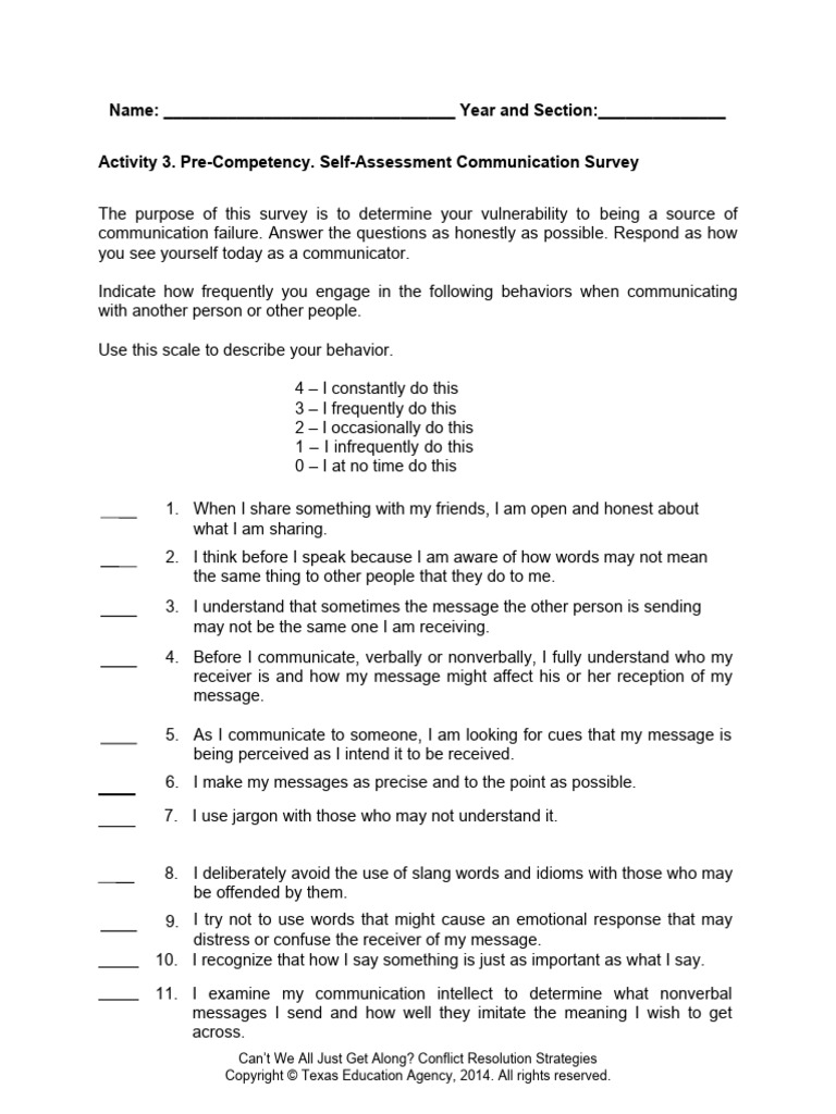 Activity 3. Pre-Competency. Self-Assessment Communication Survey | PDF ...