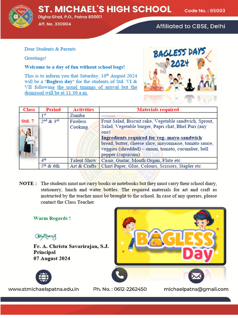 Notice-Bagless Day - STD 7 - Aug 2024 | PDF