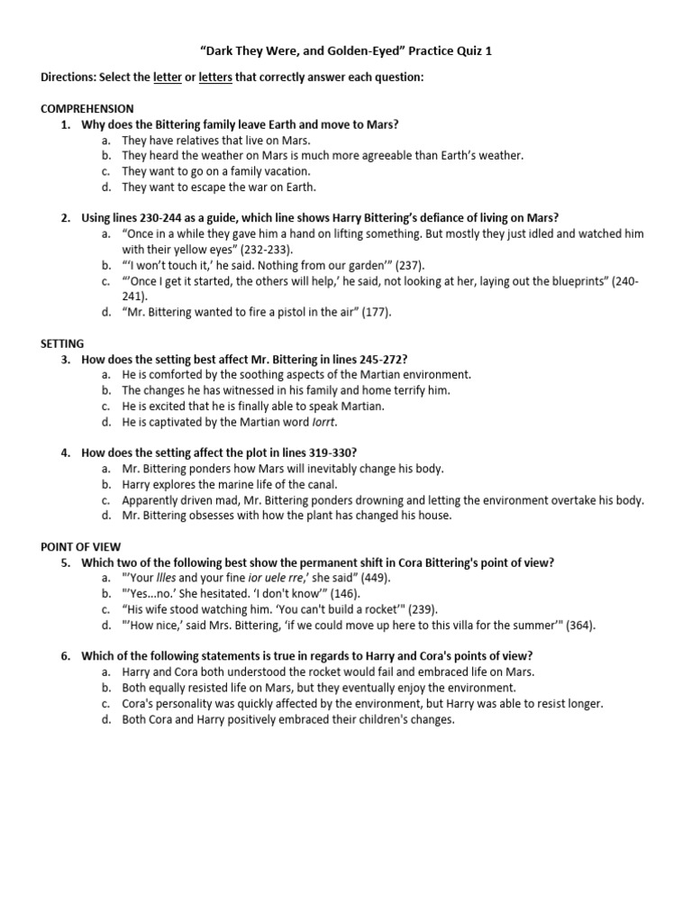 Dark They Were and Golden-Eyed Practice Quiz 1 | PDF | Mars ...