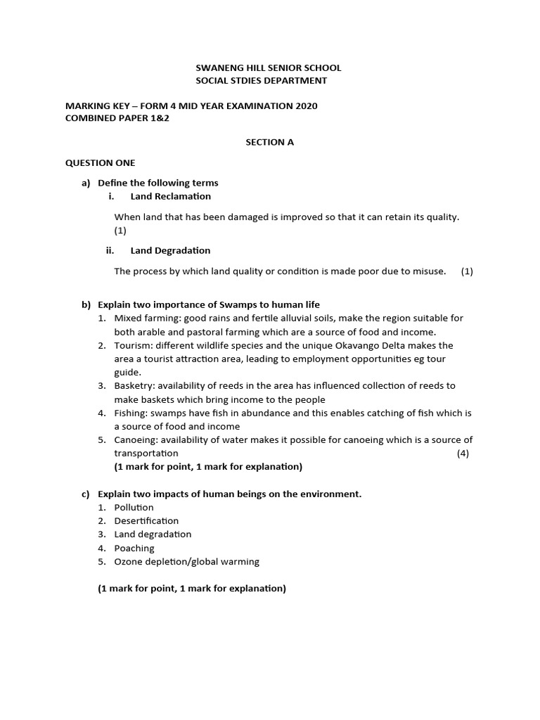 Form 4 Social Studies Exam Marking Key | PDF | Family | Natural Environment