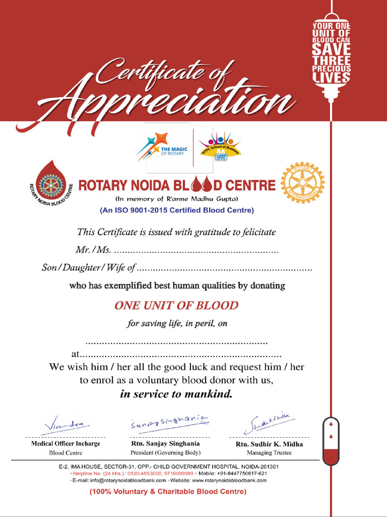 Format For Blood Donation Certificate | PDF
