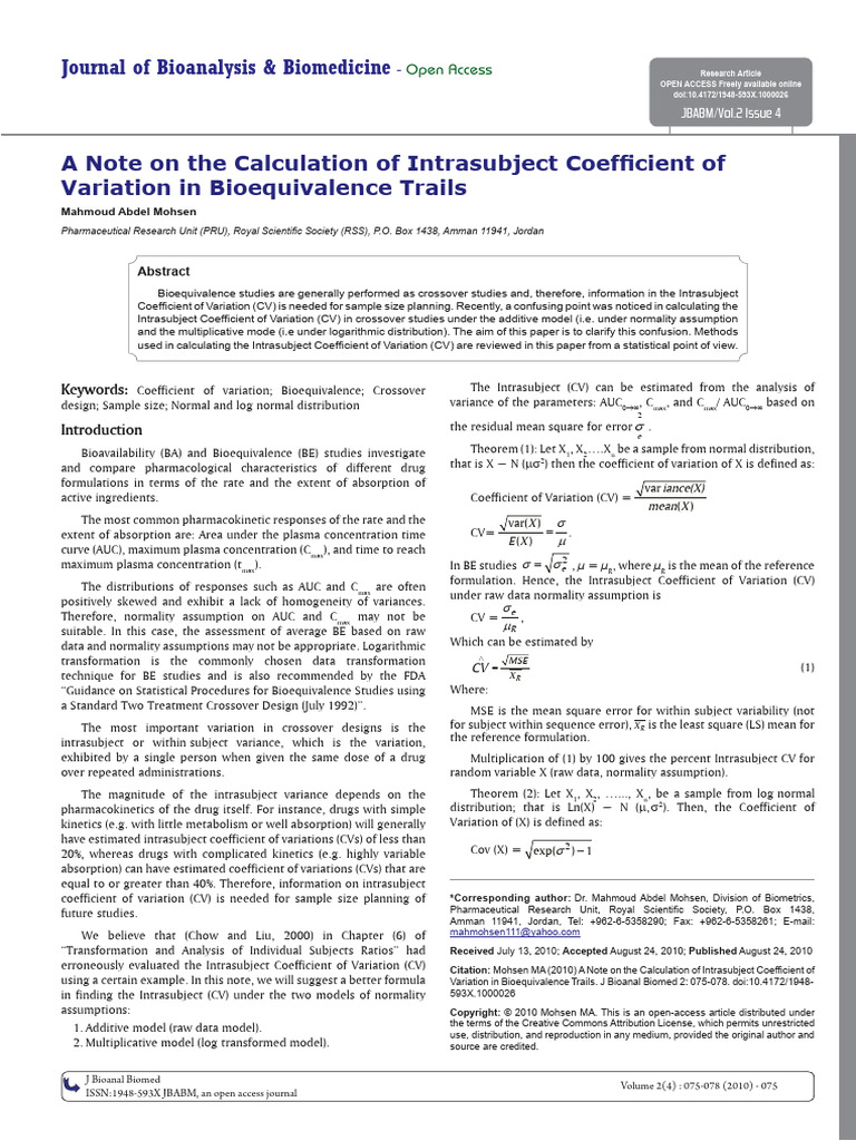 Highly Variable Drugs (HVDS) | PDF | Coefficient Of Variation | Normal ...