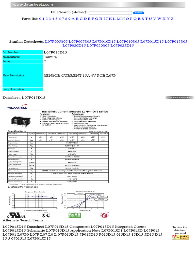 L07P015D15 SENSOR CURRENT 15A 4V PCB L07P Tamura Datasheet PDF Data ...