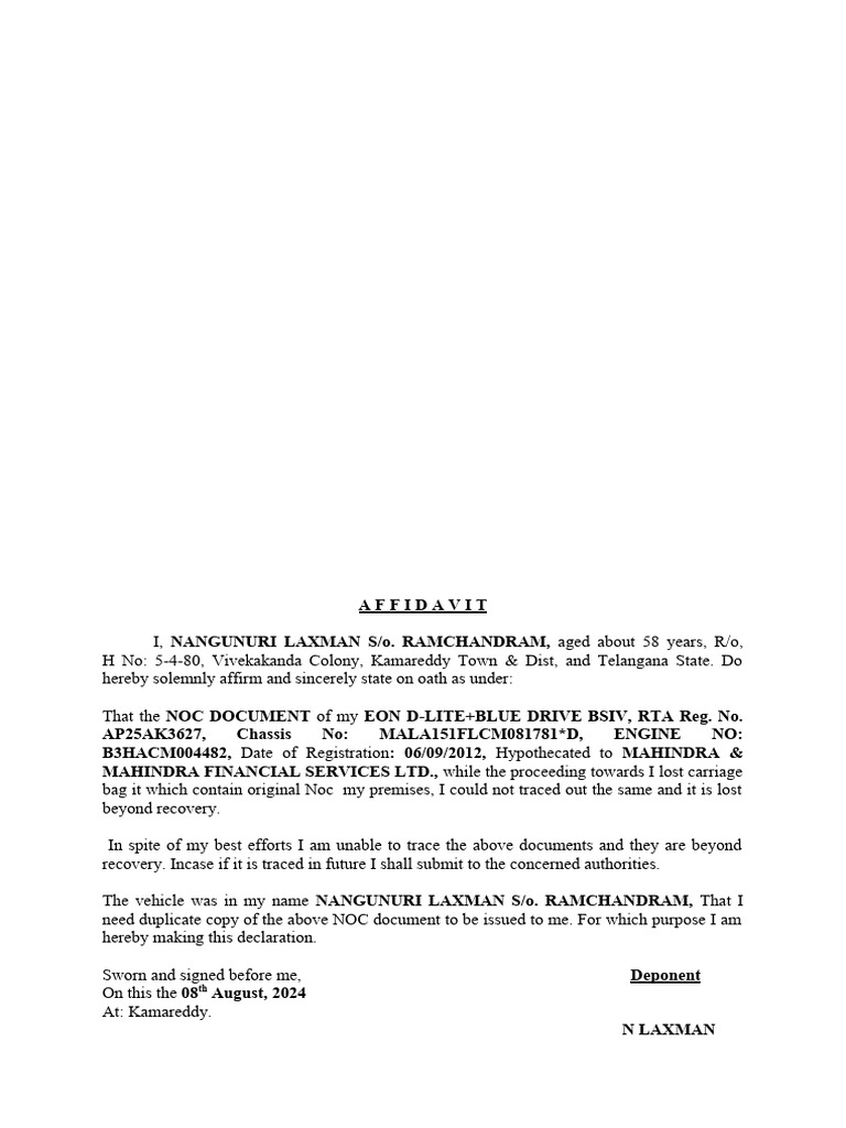 Duplicate NOC Affidavit for Lost Car Documents | PDF | Social Science