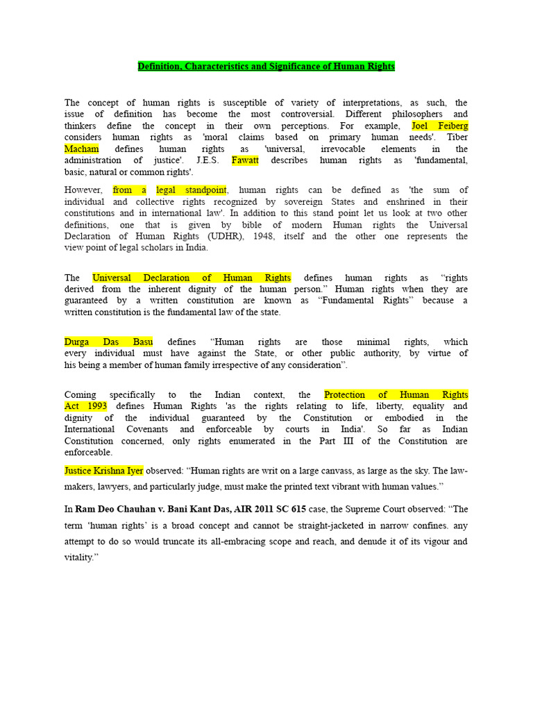 Definition, Characteristics and Significance of Human Rights - Unit 1 ...
